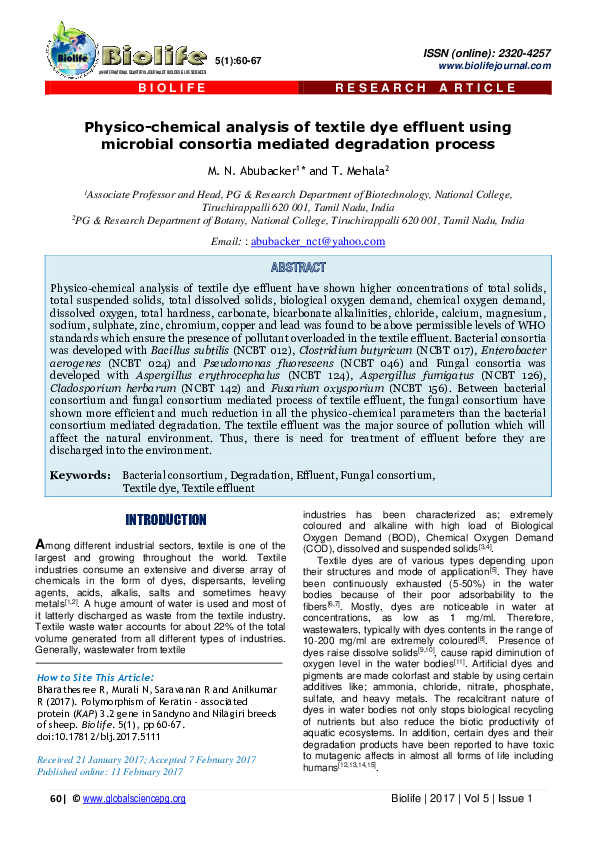 (PDF) Physico-chemical analysis of textile dye effluent using microbial consortia mediated ...