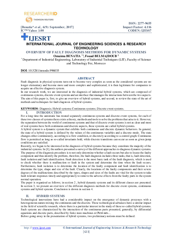 Pdf Overview Of Fault Diagnosis Methods For Dynamic Systems