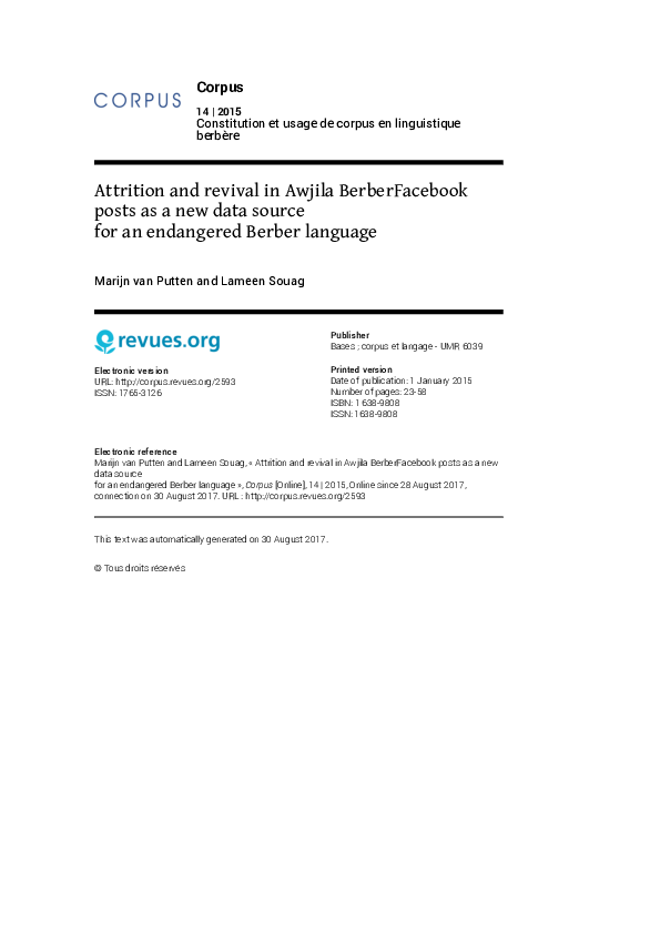 (PDF) Attrition and revival in Awjila Berber. Facebook posts as a new ...