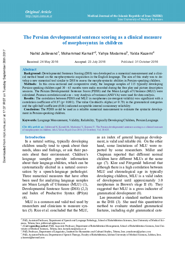 (PDF) The Persian developmental sentence scoring as a clinical measure ...