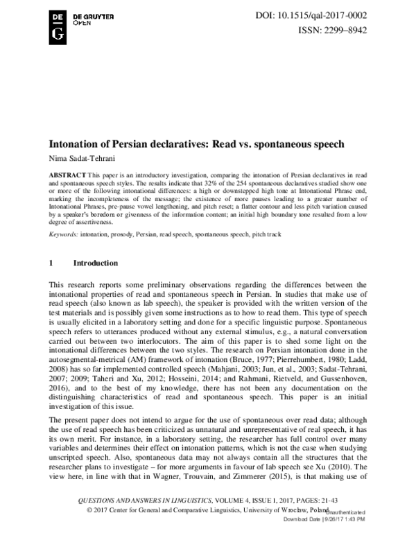 Pdf Intonation Of Persian Declaratives Read Vs Spontaneous Speech