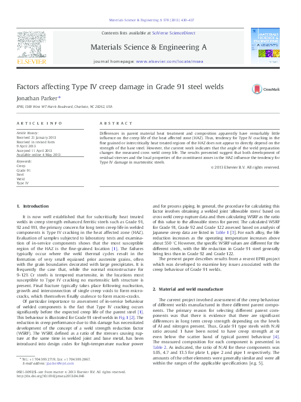 (PDF) Factors affecting Type IV creep damage in Grade 91 steel welds