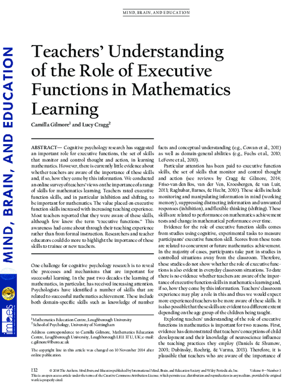 (PDF) Teachers' Understanding of the Role of Executive Functions in ...