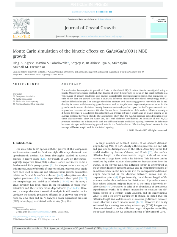 (PDF) Monte Carlo simulation of the kinetic effects on GaAs/GaAs(001) MBE growth