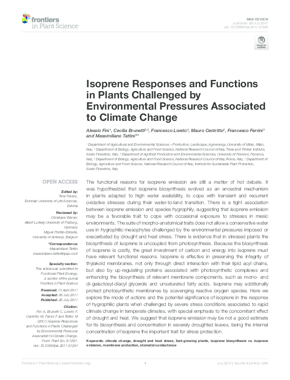 (PDF) Isoprene Responses and Functions in Plants Challenged by ...