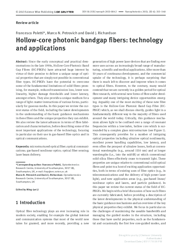 (PDF) Hollow-core photonic bandgap fibers: technology and applications