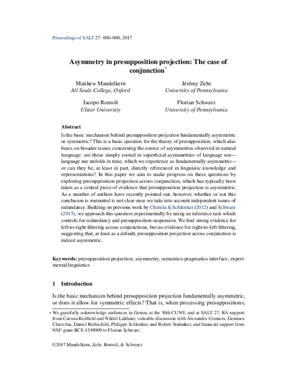 (PDF) Asymmetry in presupposition projection: The case of conjunction ...
