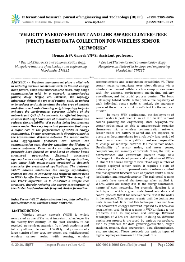 (PDF) " VELOCITY ENERGY-EFFICIENT AND LINK AWARE CLUSTER-TREE (VELCT) BASED DATA COLLECTION FOR ...
