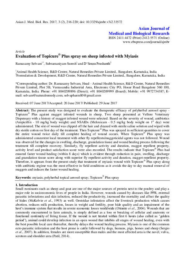 (PDF) Evaluation of Topicure ® Plus spray on sheep infested with Myiasis