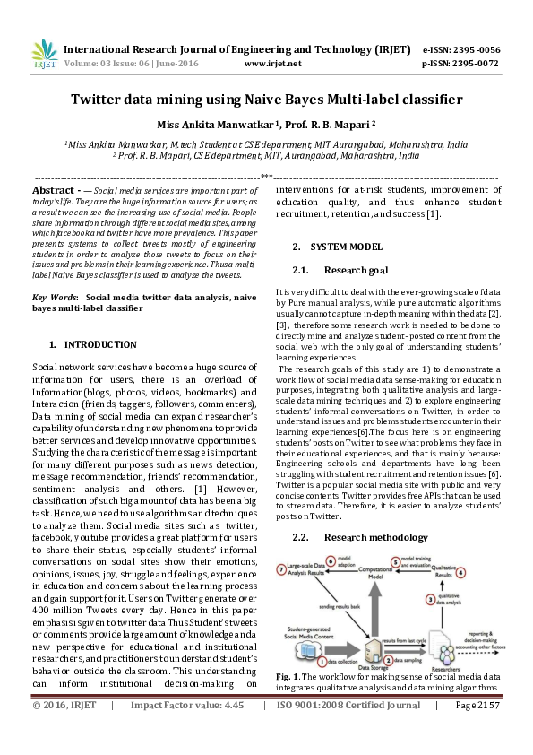 Pdf Twitter Data Mining Using Naive Bayes Multi Label Classifier Irjet Journal
