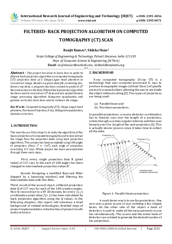 Pdf Filtered Back Projection Algorithm On Computed Tomography Ct Scan Irjet Journal