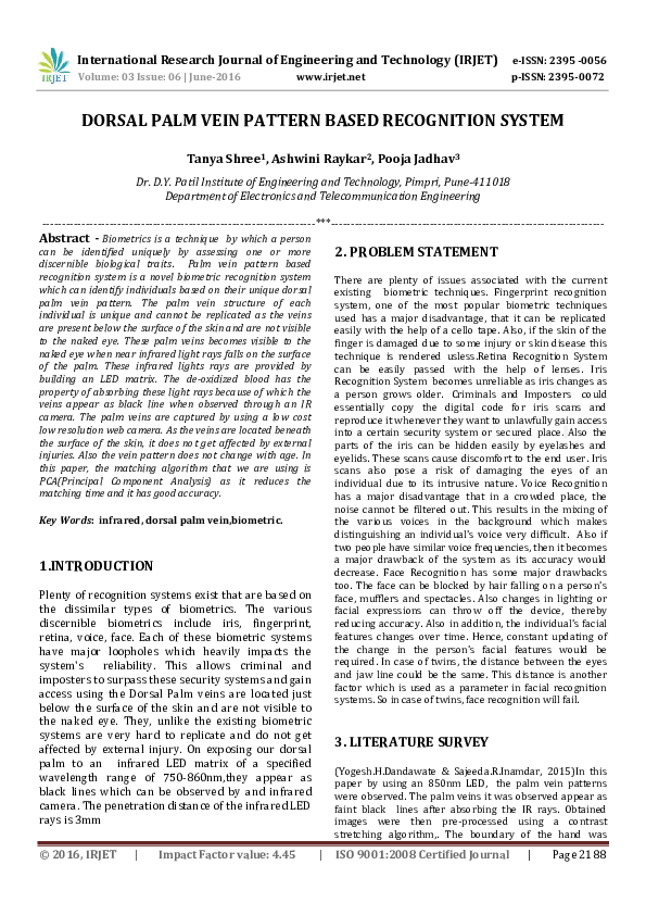Pdf Dorsal Palm Vein Pattern Based Recognition System
