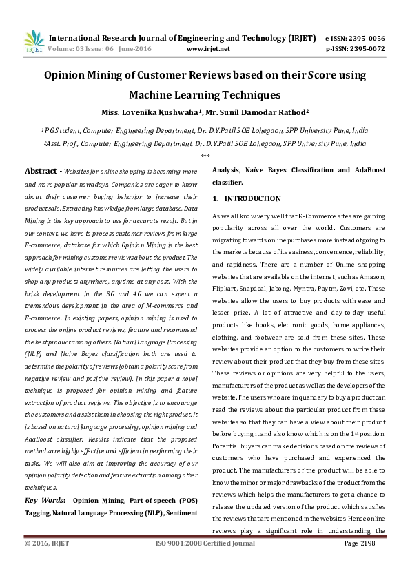 Pdf Opinion Mining Of Customer Reviews Based On Their Score Using Machine Learning Techniques