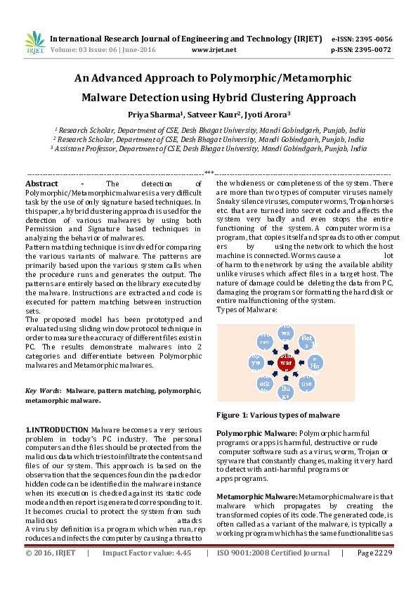 Pdf An Advanced Approach To Polymorphicmetamorphic Malware Detection Using Hybrid Clustering