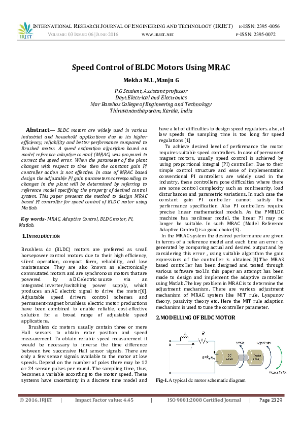 (PDF) Speed Control of BLDC Motors Using MRAC