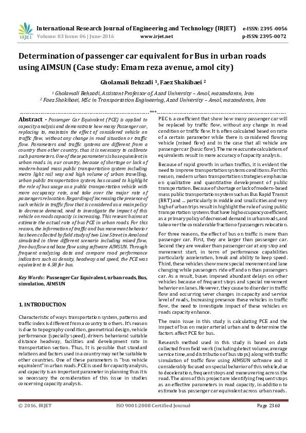 (PDF) Determination of passenger car equivalent for Bus in urban roads using AIMSUN (Case study ...