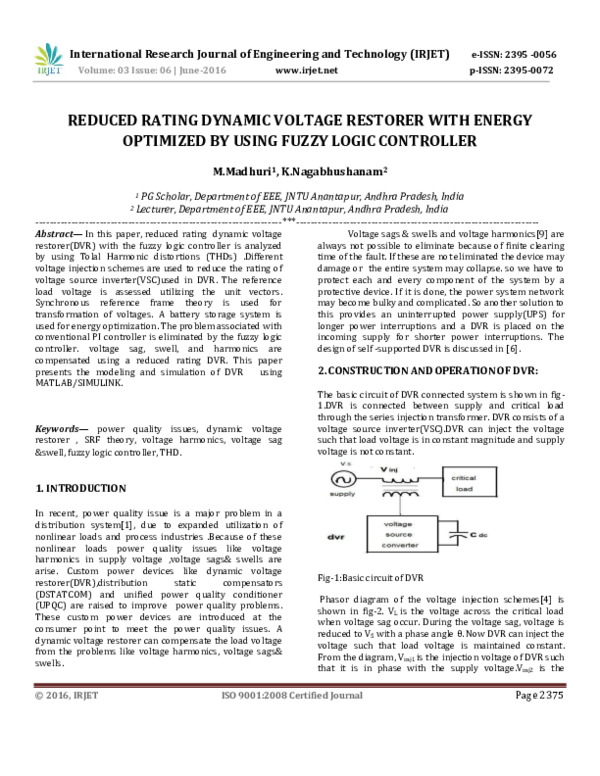 Pdf Reduced Rating Dynamic Voltage Restorer With Energy Optimized By Using Fuzzy Logic Controller