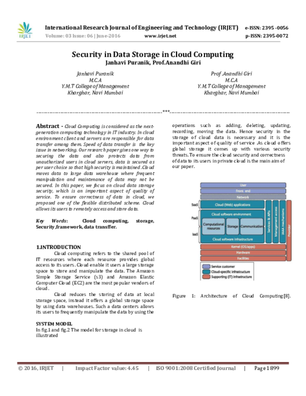 Pdf Security In Data Storage In Cloud Computing