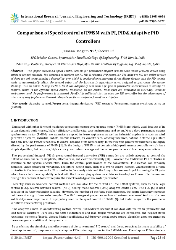Pdf Comparison Of Speed Control Of Pmsm With Pi Pidand Adaptive Pid