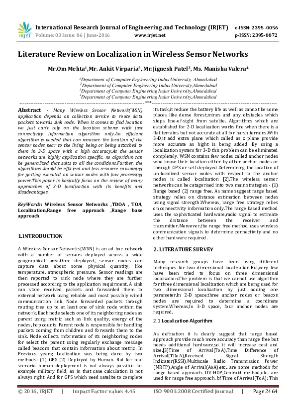 Pdf Literature Review On Localization In Wireless Sensor Networks