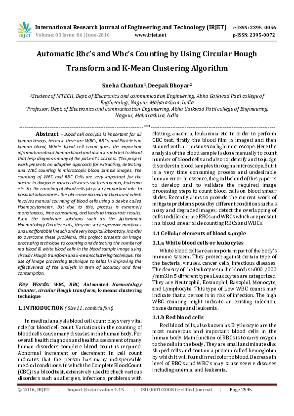 (PDF) Automatic Rbc's and Wbc's Counting by Using Circular Hough Transform and K-Mean Clustering ...