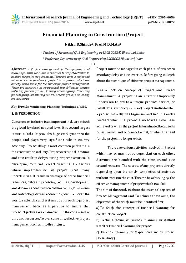 (PDF) Financial Planning in Construction Project