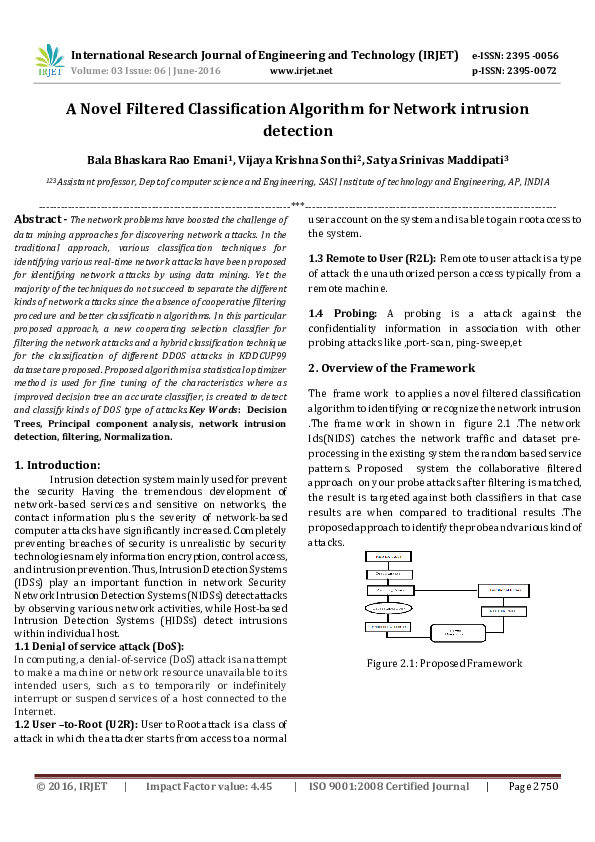 Pdf A Novel Filtered Classification Algorithm For Network Intrusion Detection Irjet Journal