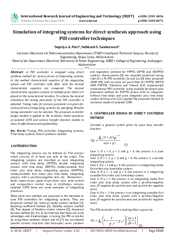 Pdf Simulation Of Integrating Systems For Direct Synthesis Approach