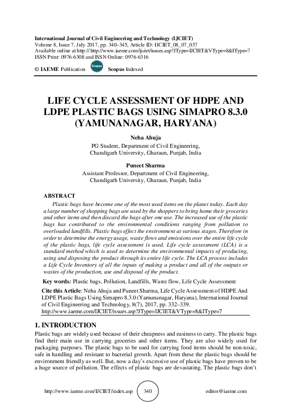 (PDF) LIFE CYCLE ASSESSMENT OF HDPE AND LDPE PLASTIC BAGS USING SIMAPRO ...