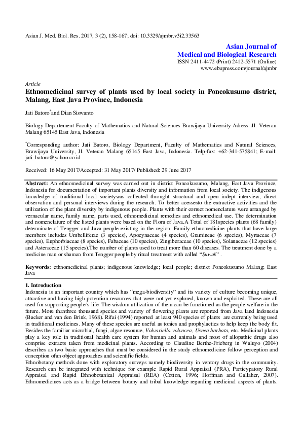 (PDF) Ethnomedicinal survey of plants used by local society in Poncokusumo district, Malang ...