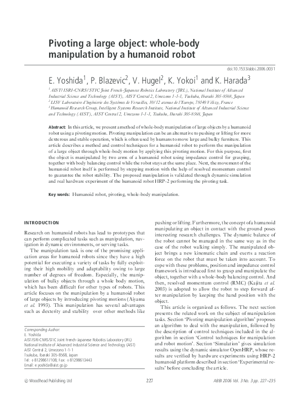 (PDF) Pivoting a large object: whole-body manipulation by a humanoid robot