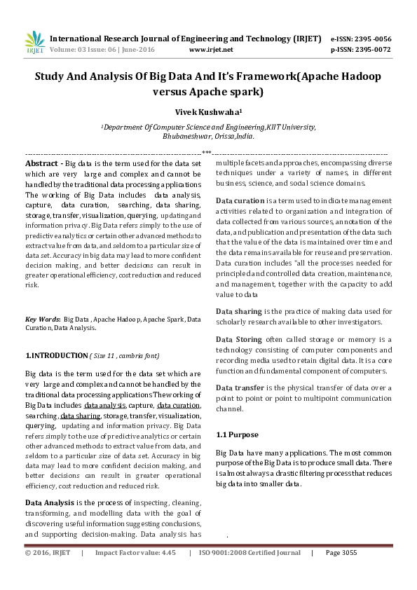 (PDF) Study And Analysis Of Big Data And It’s Framework(Apache Hadoop versus Apache spark ...