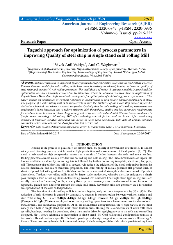 Pdf Taguchi Approach For Optimization Of Process Parameters In Improving Quality Of Steel