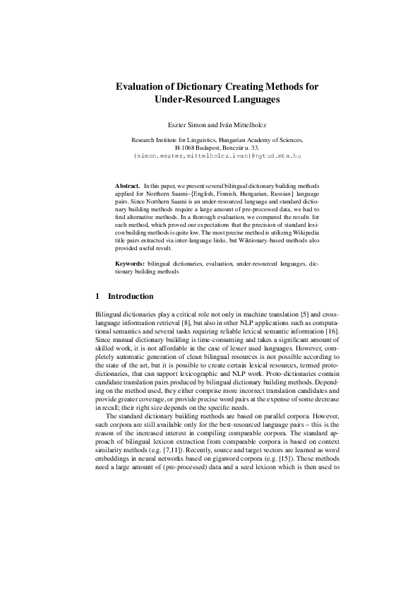 Pdf Evaluation Of Dictionary Creating Methods For Under Resourced Languages Eszter Simon