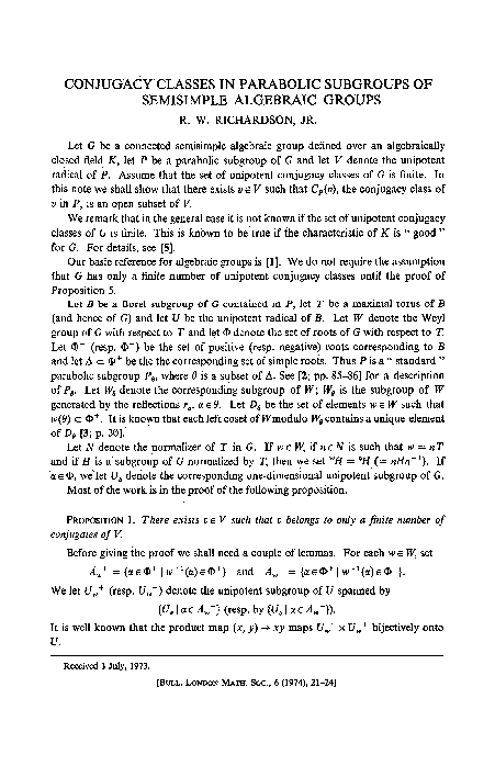(PDF) CONJUGACY CLASSES IN PARABOLIC SUBGROUPS OF SEMISIMPLE ALGEBRAIC ...