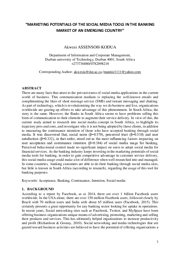 (DOC) " MARKETING POTENTIALS OF THE SOCIAL MEDIA TOOLS IN THE BANKING ...