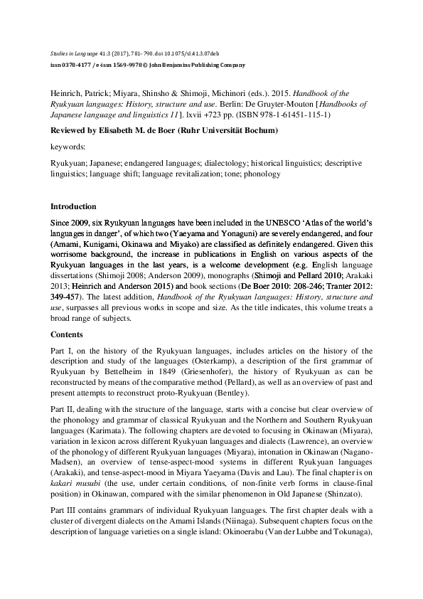 (PDF) Review of Handbook of the Ryukyuan Languages, Studies in ...