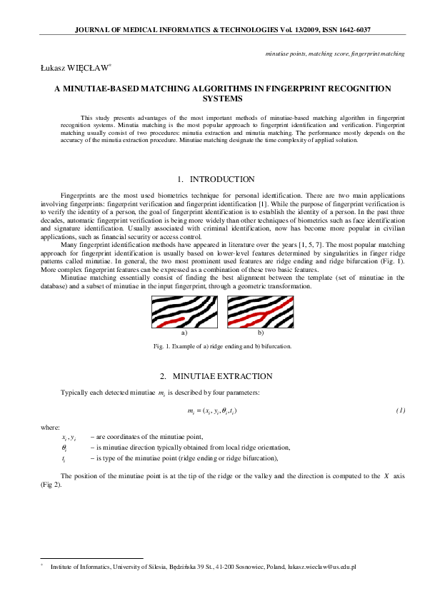 (PDF) Łukasz WIĘCŁAW * A MINUTIAE-BASED MATCHING ALGORITHMS IN FINGERPRINT RECOGNITION SYSTEMS