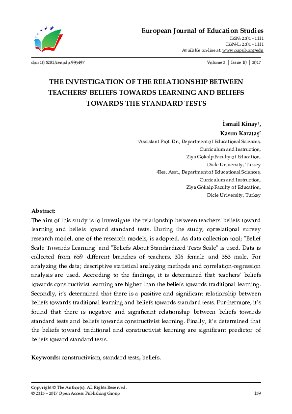 (PDF) THE INVESTIGATION OF THE RELATIONSHIP BETWEEN TEACHERS' BELIEFS ... (PDF) THE INVESTIGATION OF THE RELATIONSHIP BETWEEN TEACHERS' BELIEFS ...