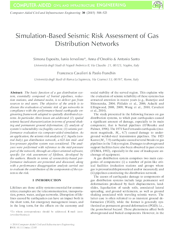 (PDF) Simulation-Based Seismic Risk Assessment of Gas Distribution Networks