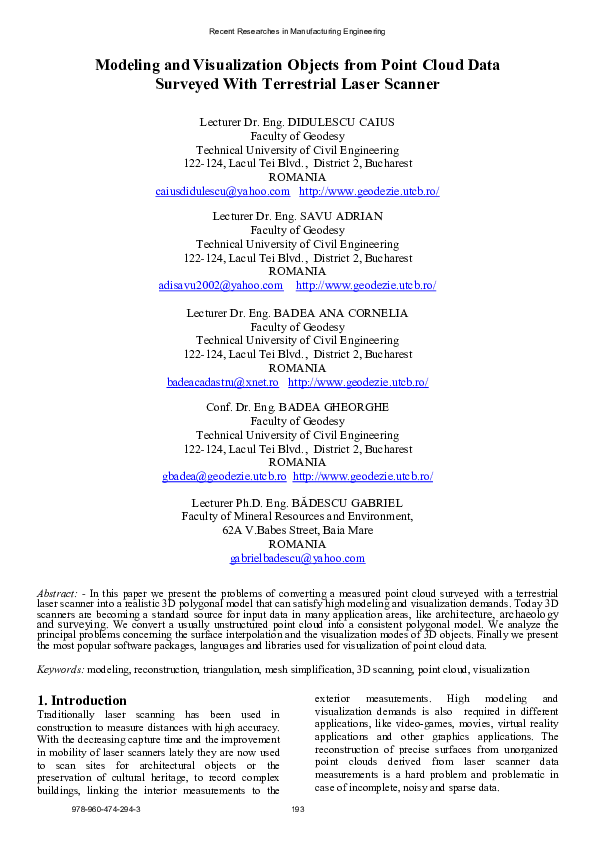 Pdf Modeling And Visualization Objects From Point Cloud Data Surveyed With Terrestrial Laser