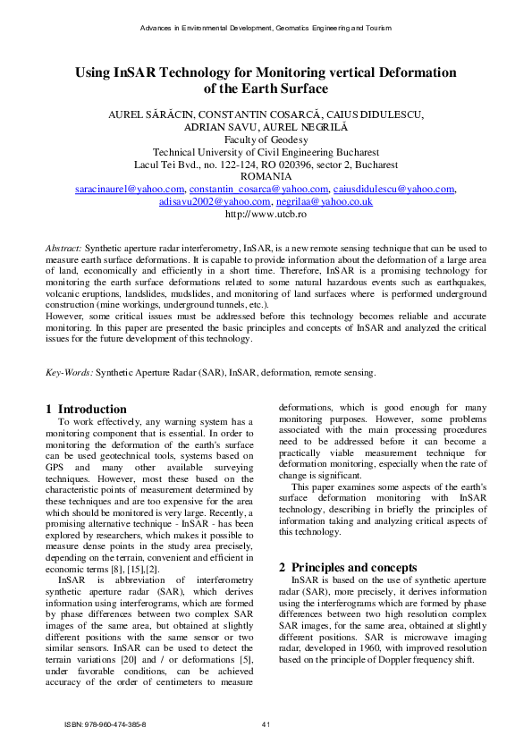 Pdf Using Insar Technology For Monitoring Vertical Deformation Of The Earth Surface