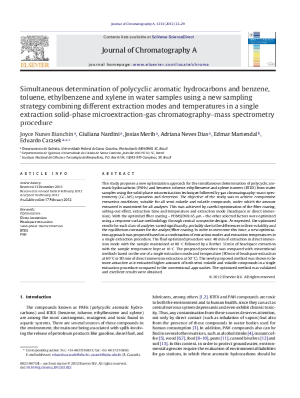 (PDF) Simultaneous determination of polycyclic aromatic hydrocarbons and benzene, toluene ...