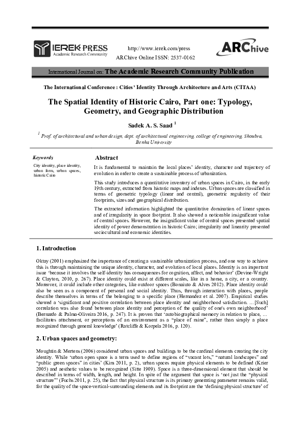 (PDF) The Spatial Identity of Historic Cairo, Part one: Typology ...