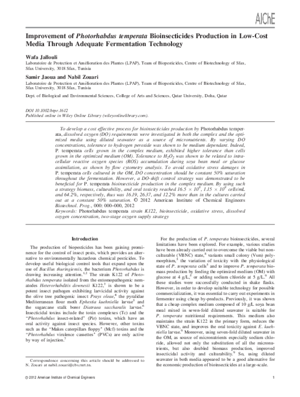 (PDF) Improvement of Photorhabdus temperata bioinsecticides production in low-cost media through ...