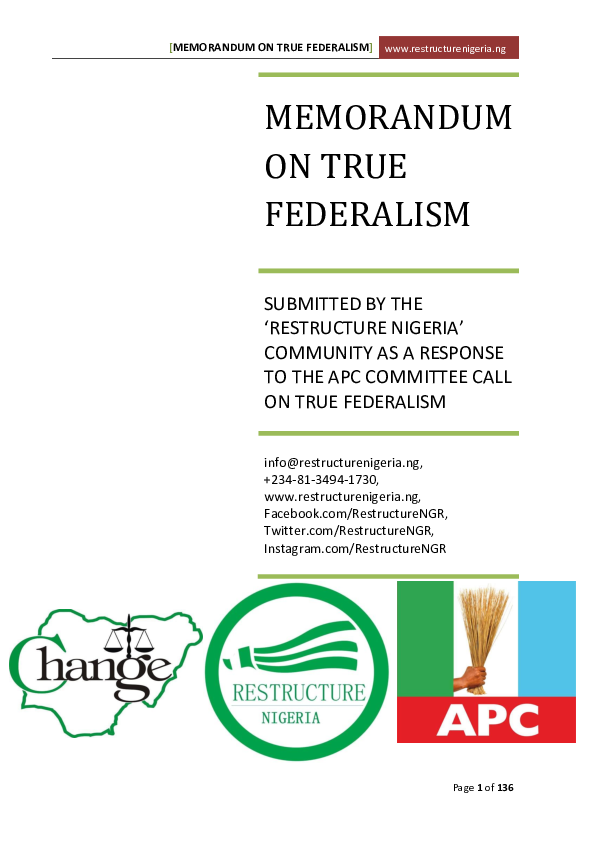 (PDF) MEMORANDUM ON TRUE FEDERALISM SUBMITTED BY THE 'RESTRUCTURE ...