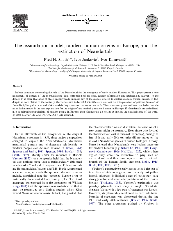 (PDF) The assimilation model, modern human origins in Europe, and the ...