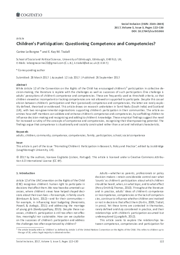 (PDF) Children's Participation: Questioning Competence and Competencies