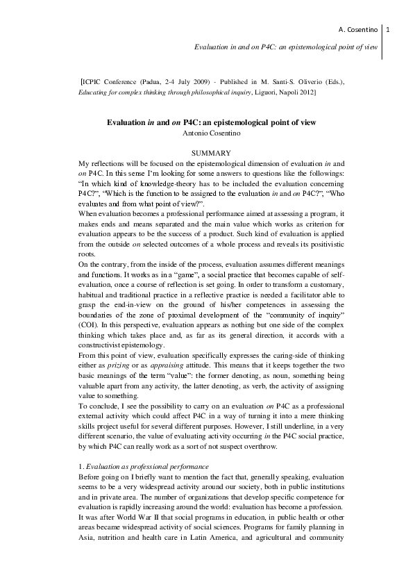 (PDF) Evaluation in and on P4C: an epistemological point of view