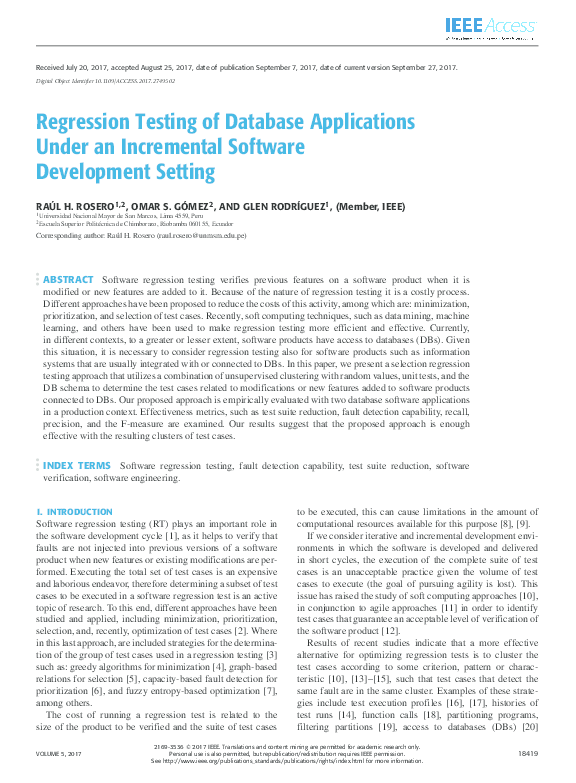 Pdf Regression Testing Of Database Applications Under An Incremental Software Development Setting